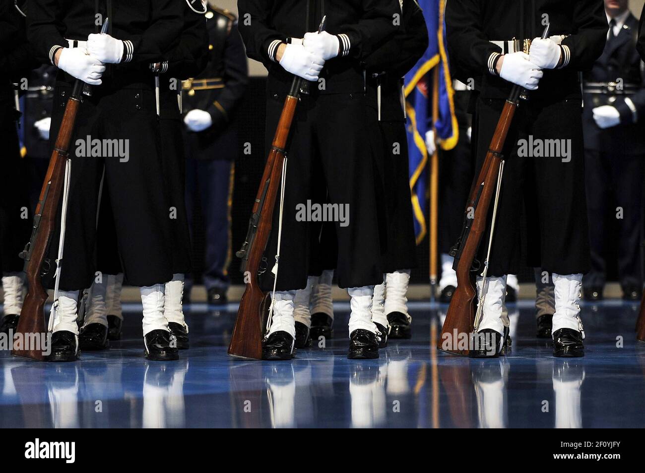 The U.S. Navy Ceremonial Guard stands at attention during the Armed ...