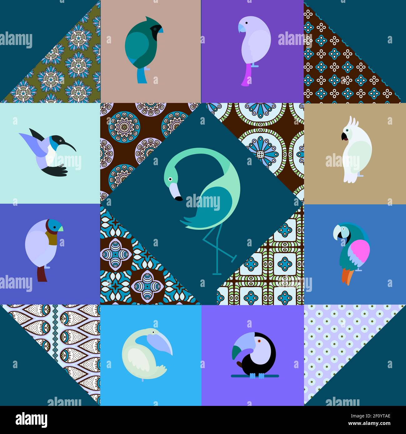 Graphic patchwork, consisting of simple geometric shapes, patterns ...