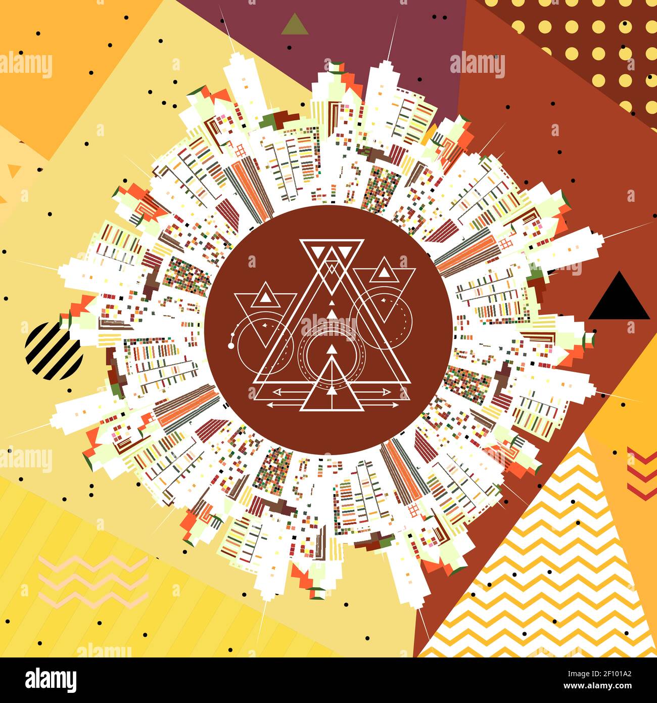Graphic patchwork consists of simple geometric shapes, patterns, colors ...