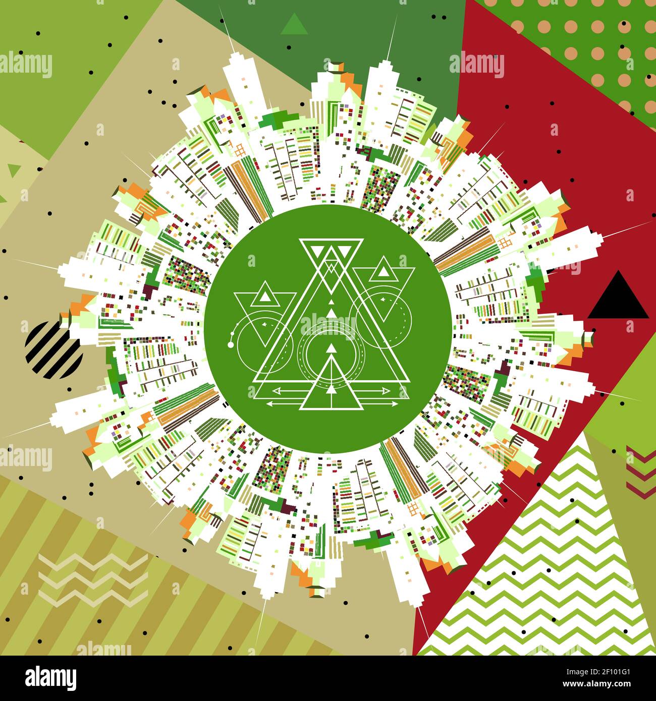 Graphic patchwork consists of simple geometric shapes, patterns, colors ...