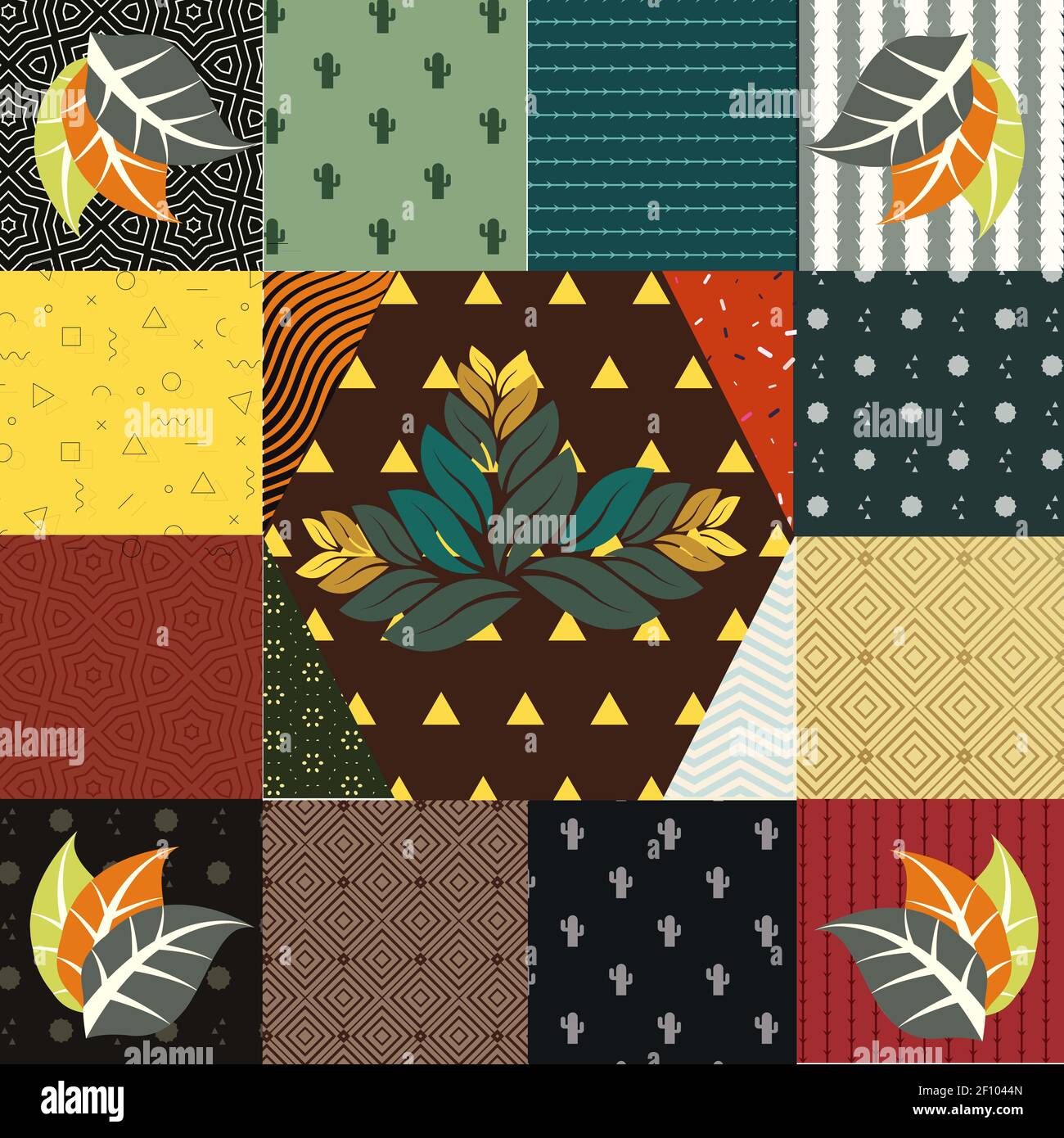 Graphic patchwork consisting of leaves, geometric shapes, petals ...