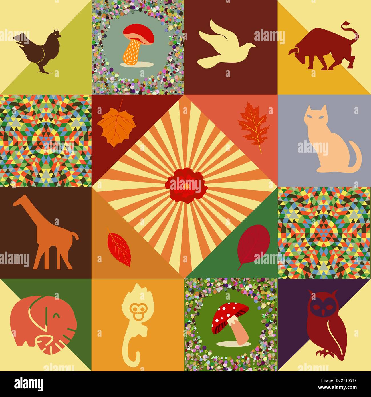 Graphic patchwork consisting of geometric shapes and animals Stock ...