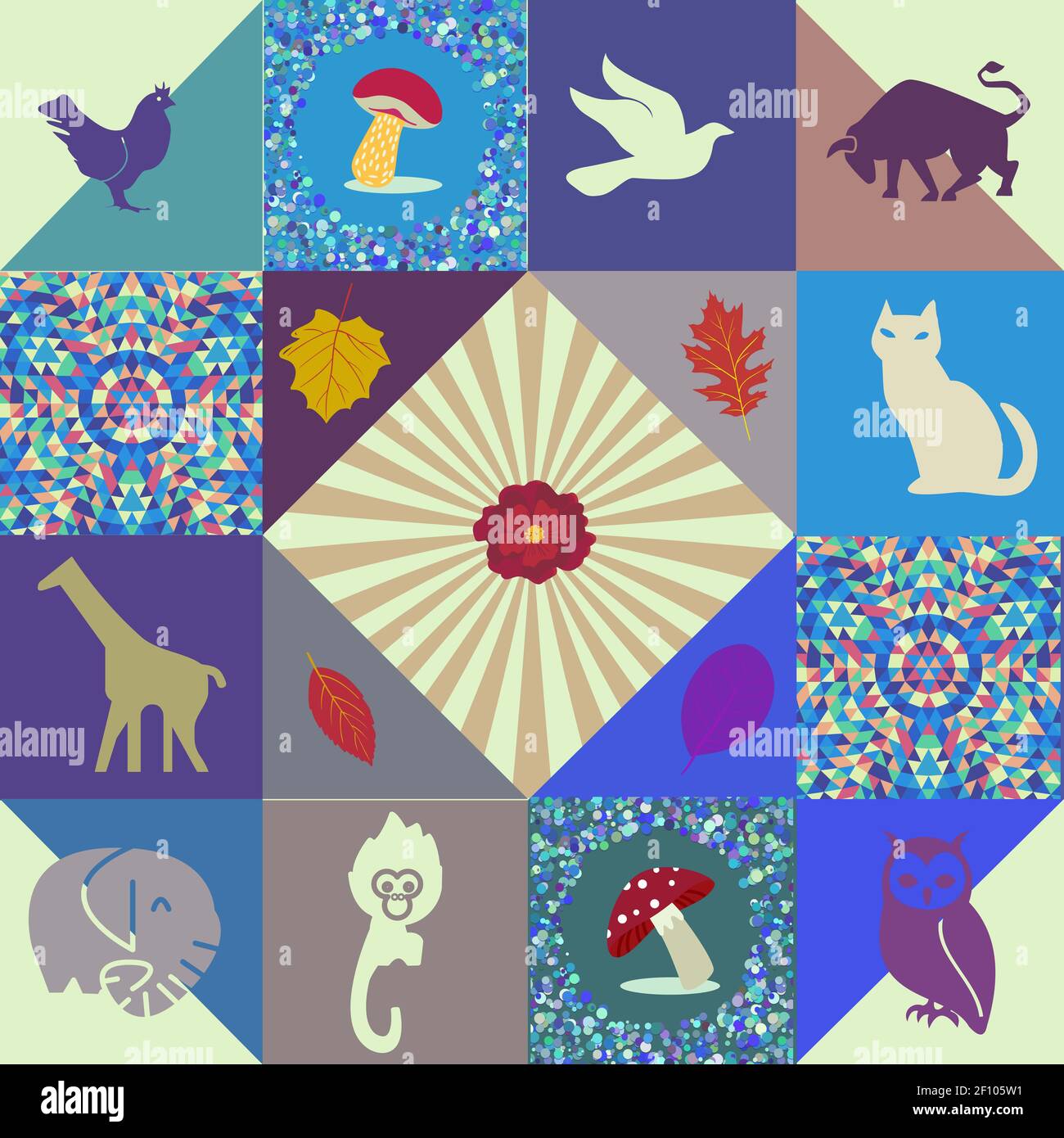 Graphic patchwork consisting of geometric shapes and animals Stock ...