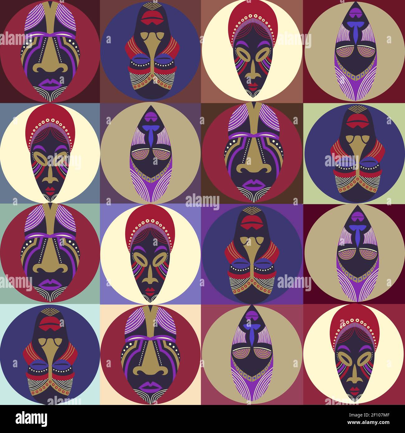 Graphic patchwork consisting of African masks in different directions ...