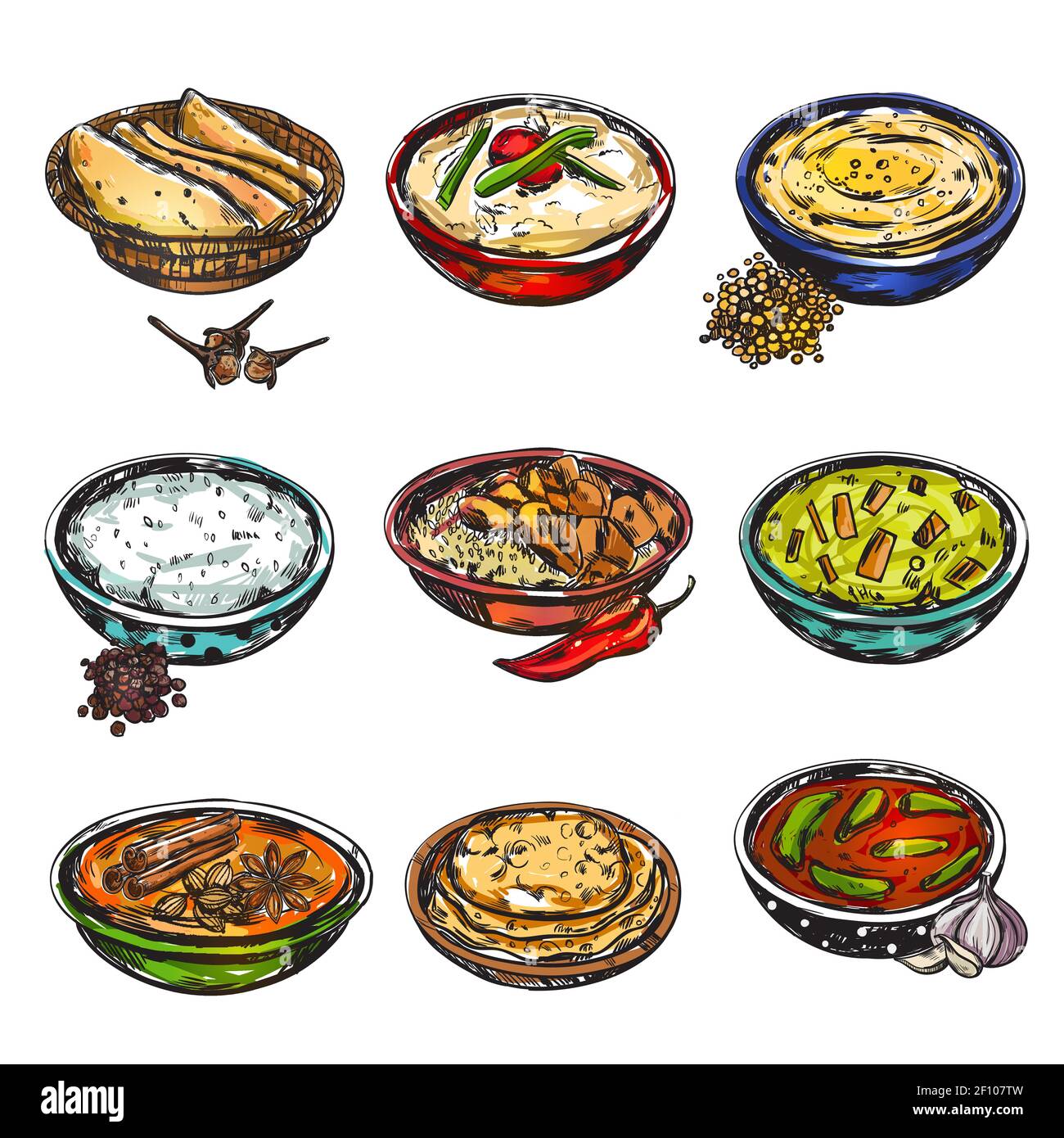Indian food icon set with isolated colored plates and different ...