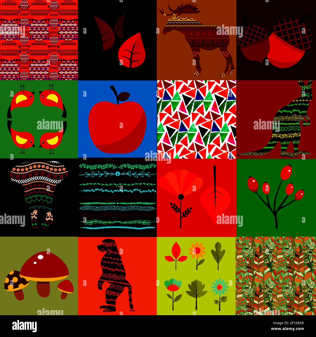 A classic graphic patchwork made up of squares that include objects in ...