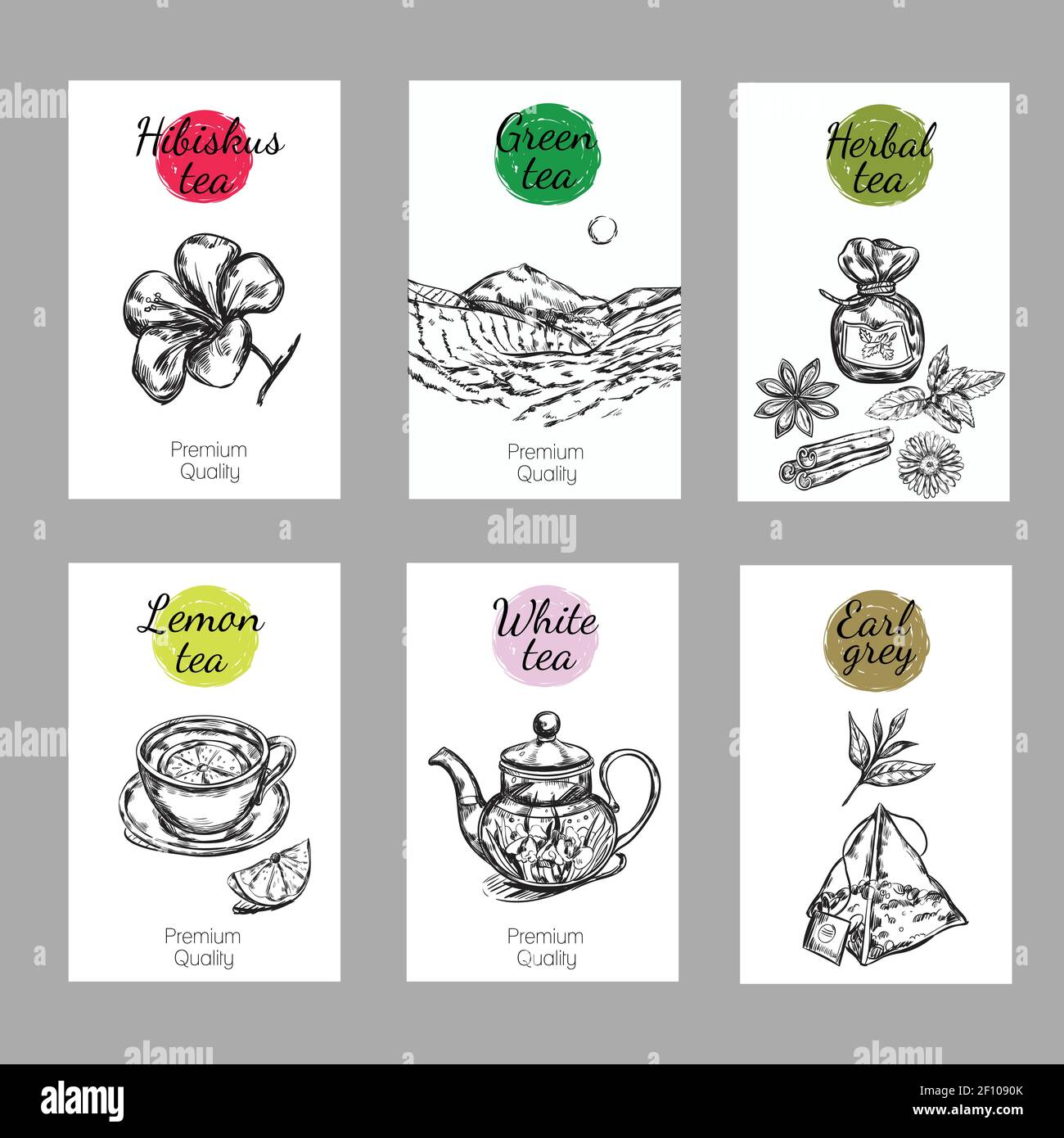 Tea label set with hibiscus green herbal lemon white and earl grey tea ...