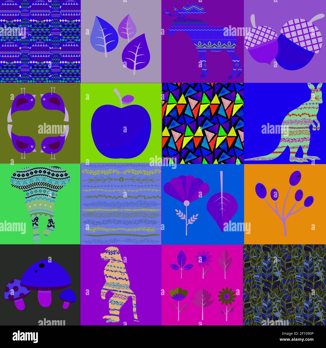 A classic graphic patchwork made up of squares that include objects in ...