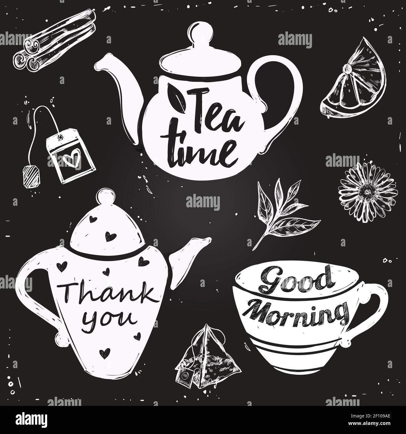 Tea cup lettering with isolated white icon set on black background and ...