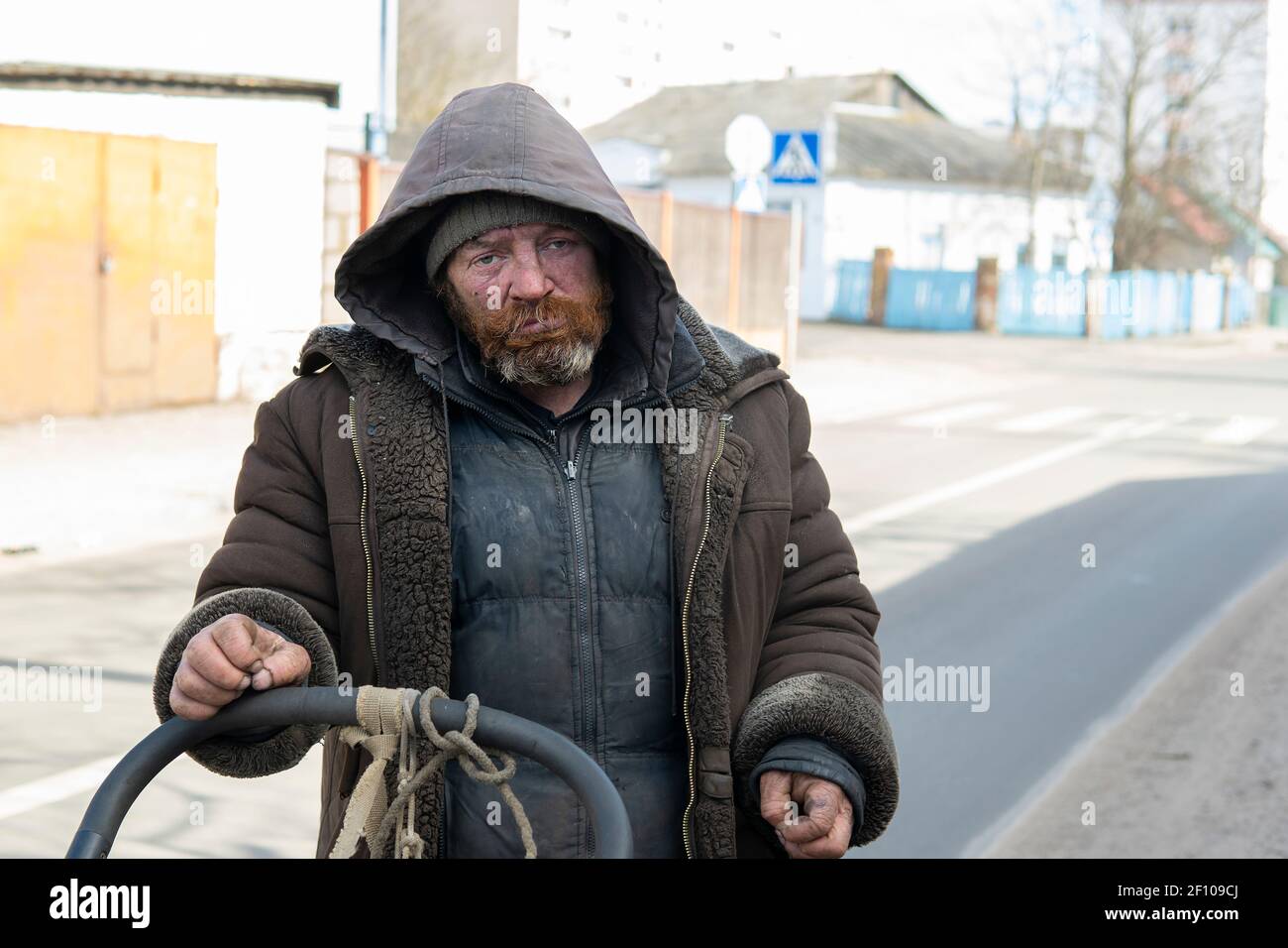 Minsk, Belarus - March 06, 2021: Portrait of white homeless man outside ...