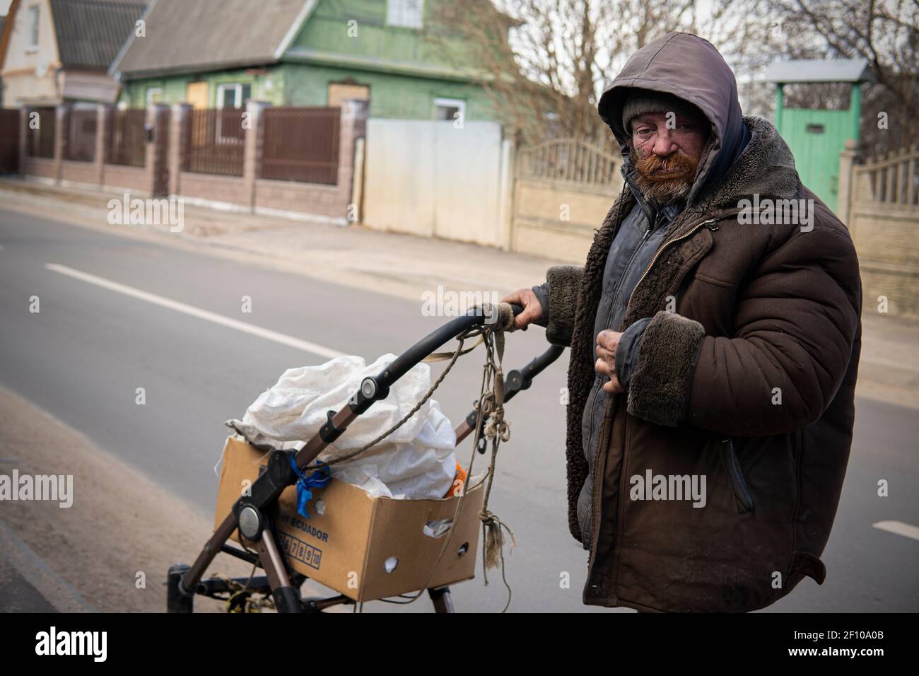 Minsk, Belarus - March 06, 2021: Portrait of white homeless man outside ...