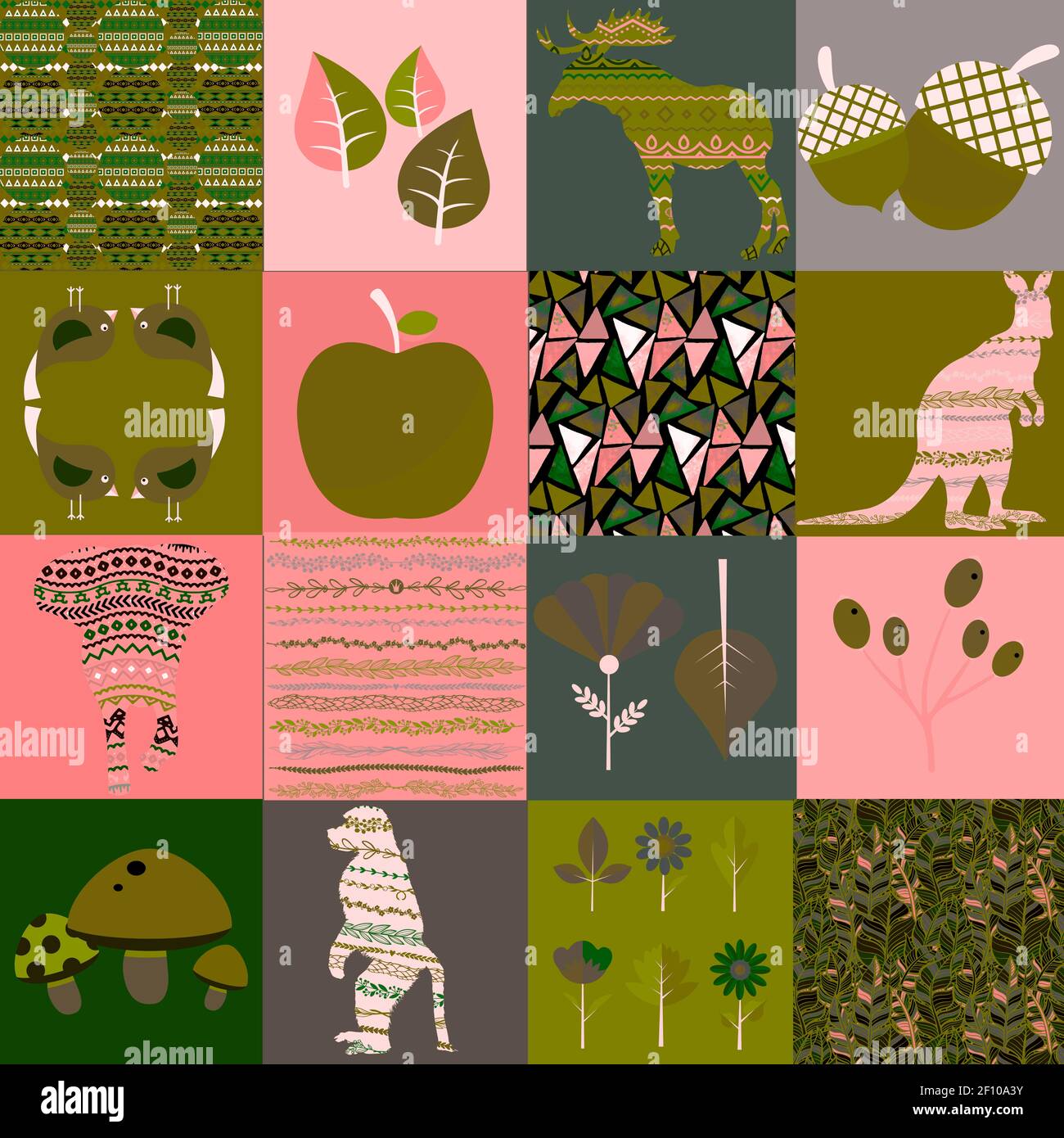 A classic graphic patchwork made up of squares that include objects in ...