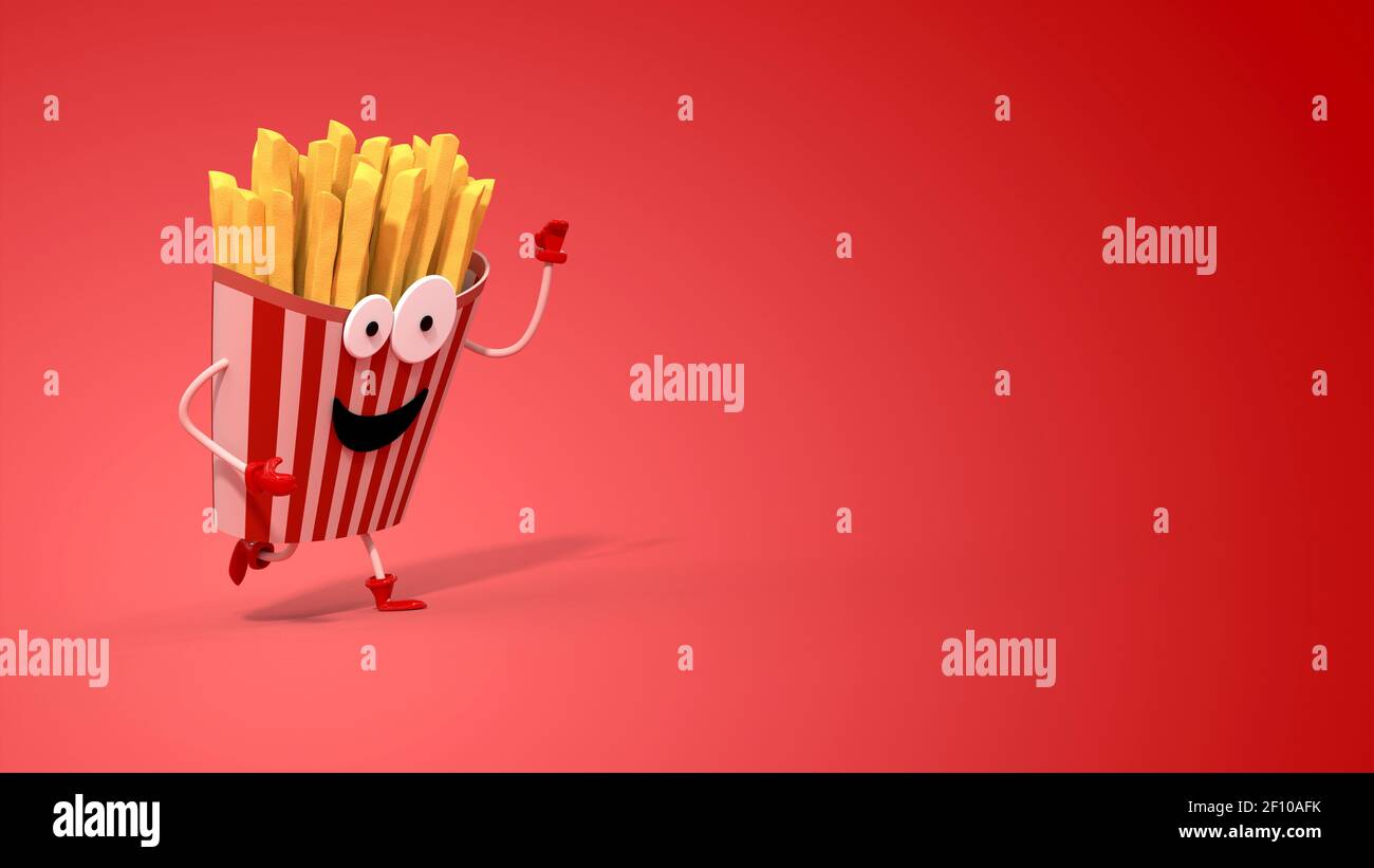 French fries character running on red background - 3D rendering Stock ...