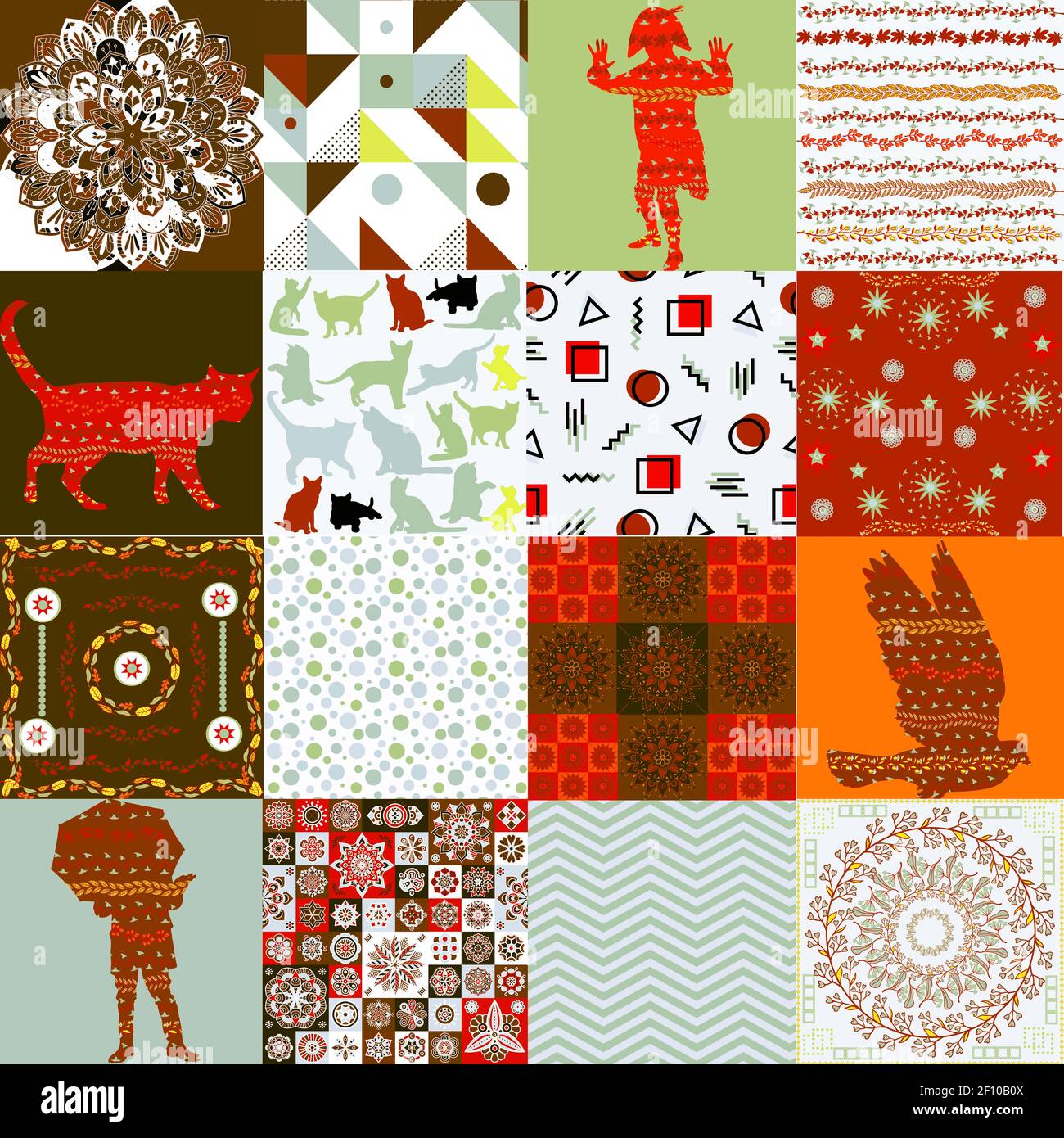 A classic graphic patchwork made up of squares that include objects in ...