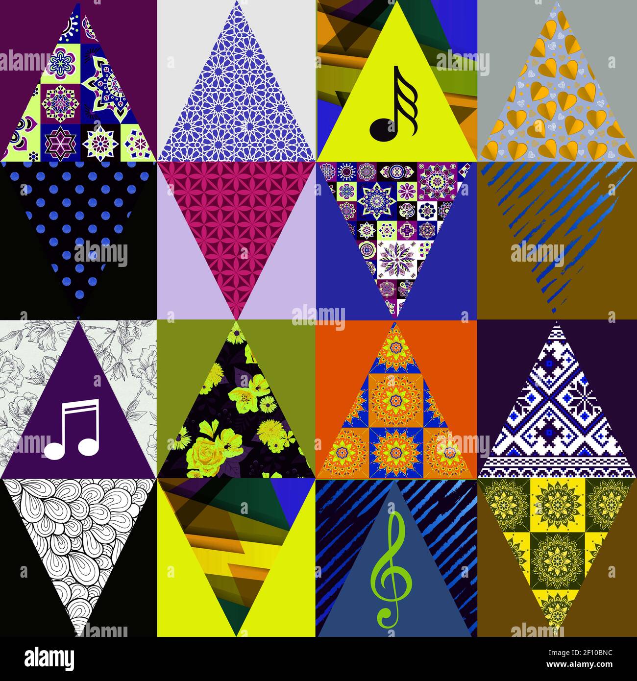 Graphic patchwork made of a triangular collage with music notes and ...