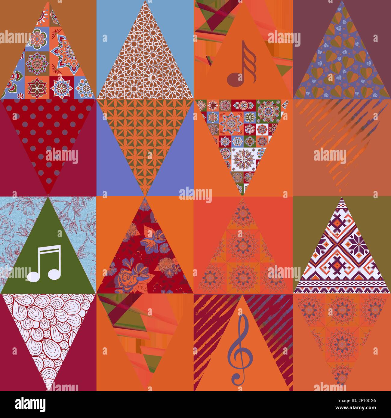 Graphic patchwork made of a triangular collage with music notes and ...