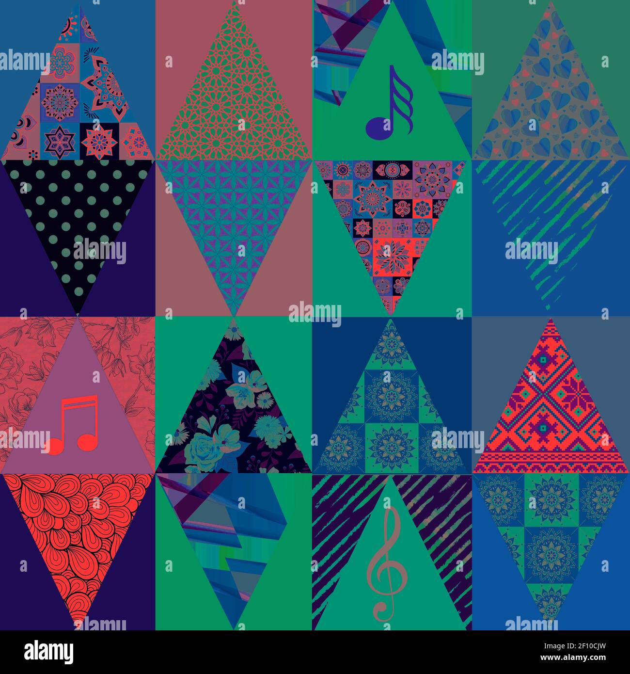 Graphic patchwork made of a triangular collage with music notes and ...