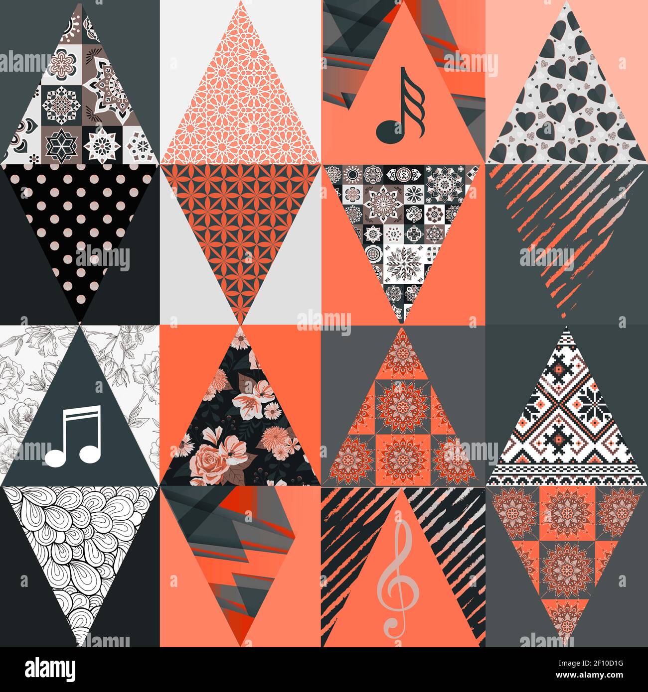 Graphic patchwork made of a triangular collage with music notes and ...