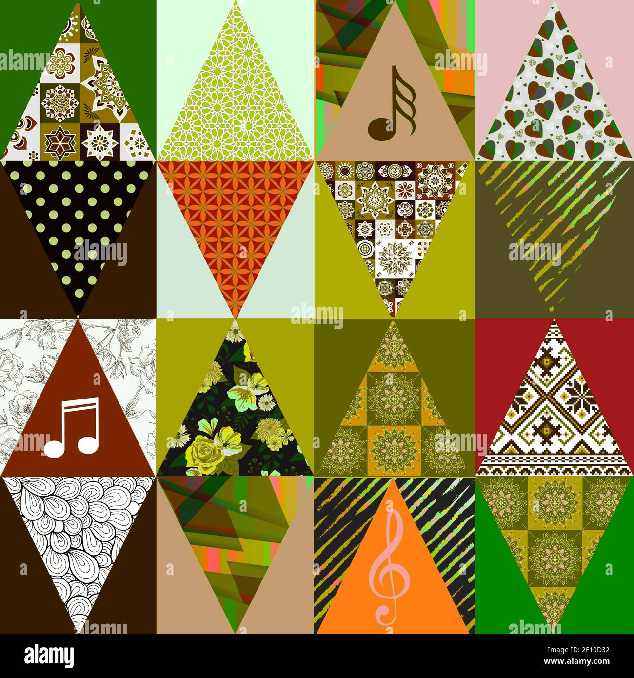 Graphic patchwork made of a triangular collage with music notes and ...