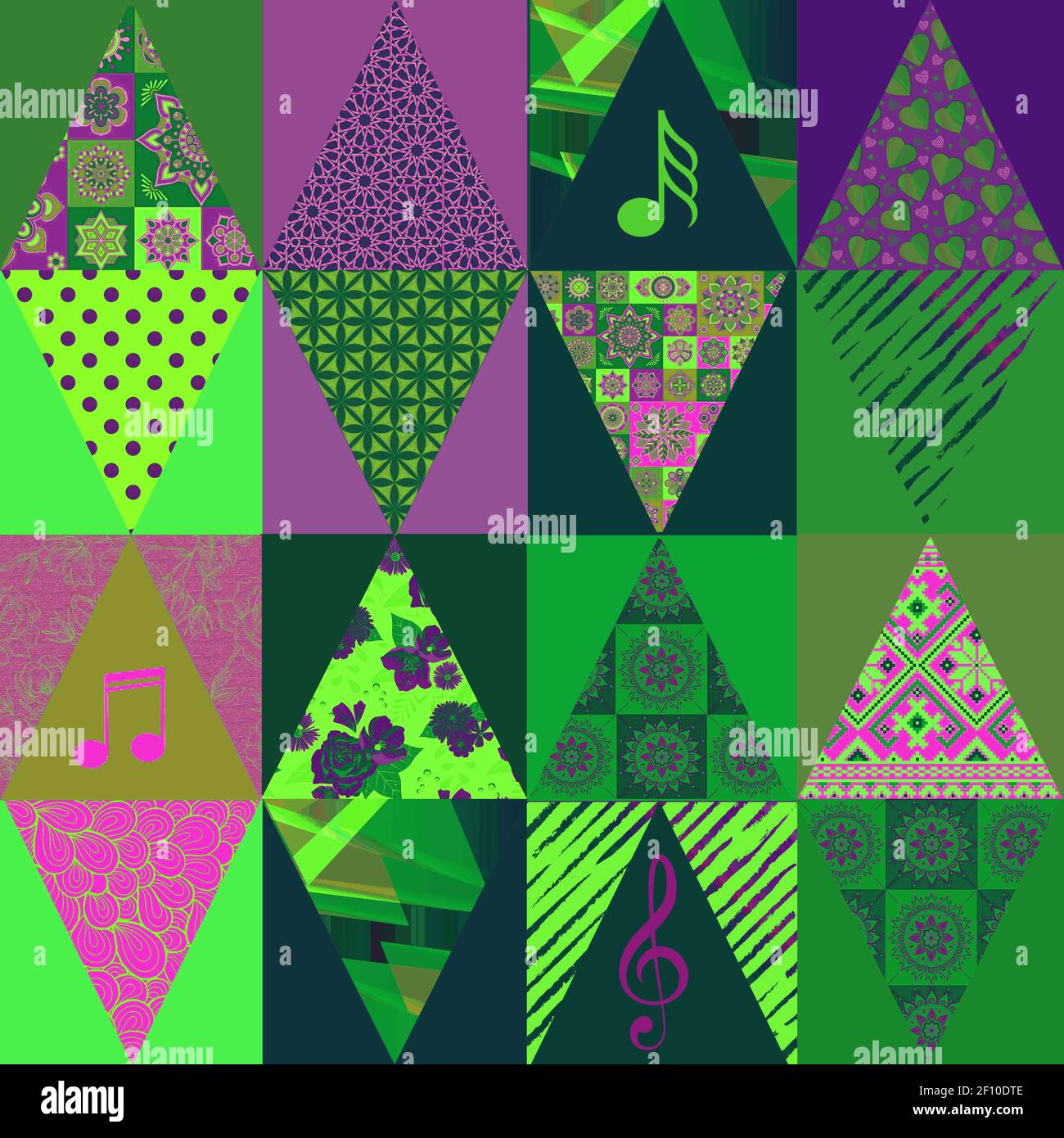 Graphic patchwork made of a triangular collage with music notes and ...