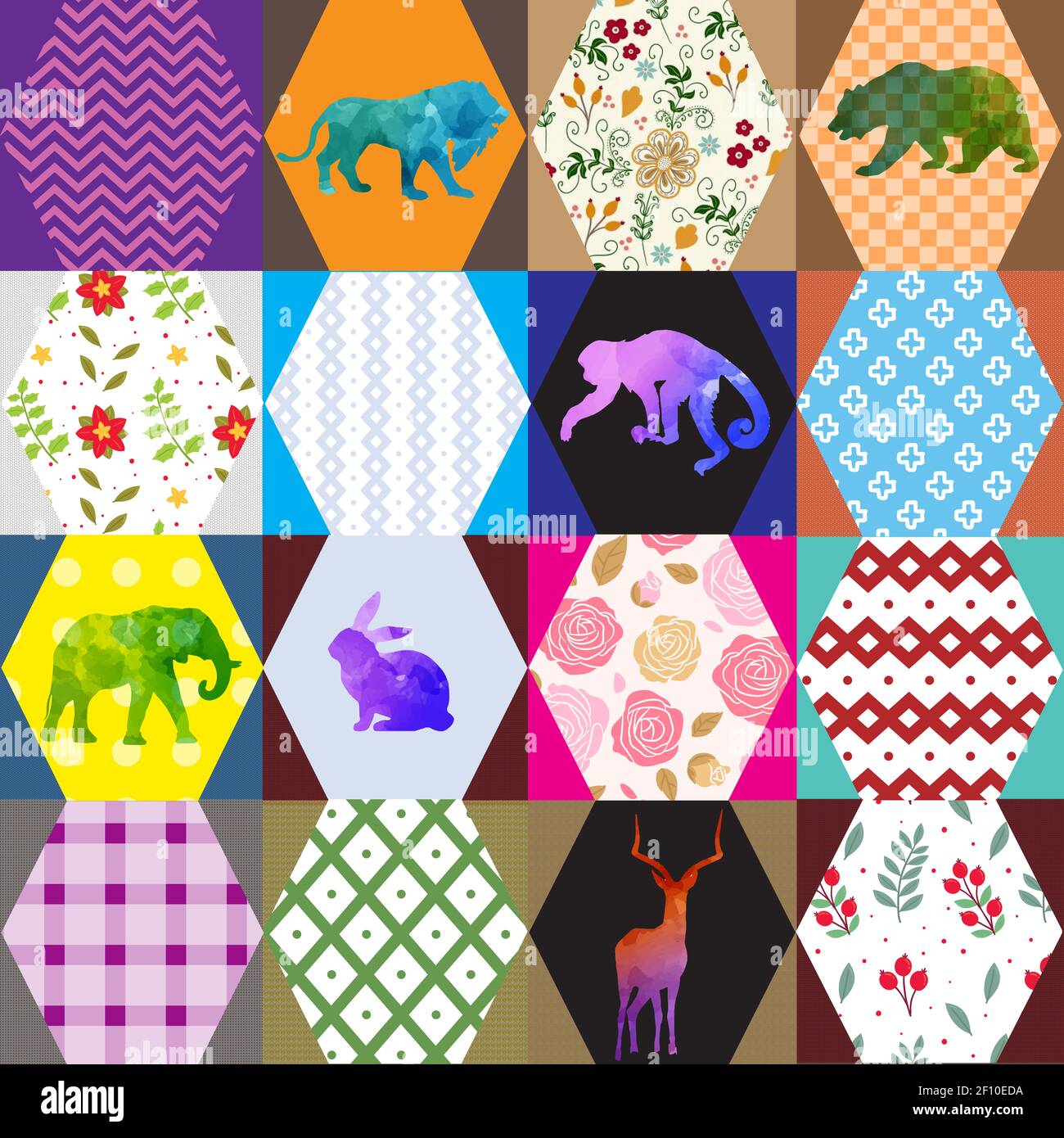 Graphic patchwork with geometric elements of hexagons and elements of ...