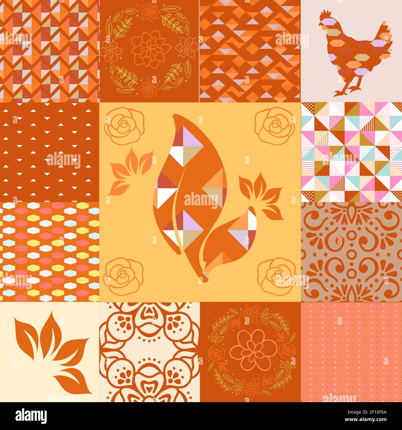 Graphic patchwork with geometric elements and elements from the nature ...