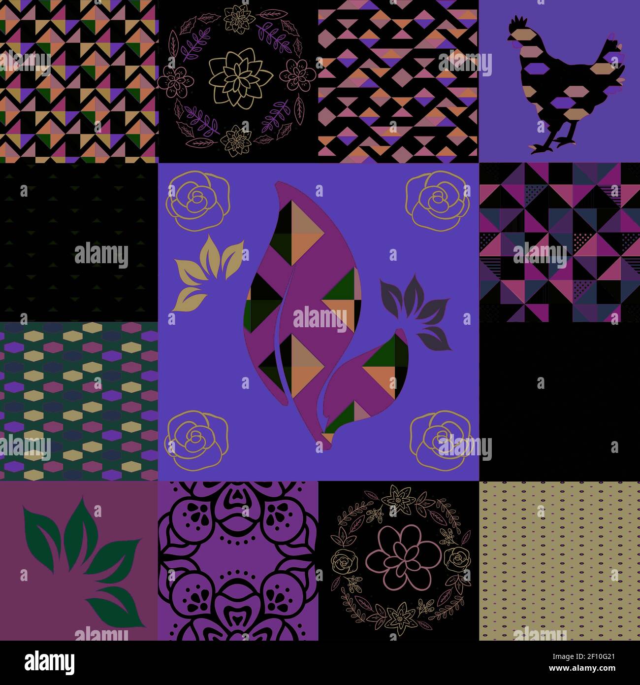 Graphic patchwork with geometric elements and elements from the nature ...