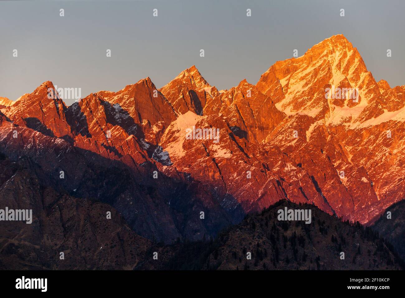 Himalaya, evening panoramic view of Indian Himalayas, great Himalayan range, Uttarakhand India ...