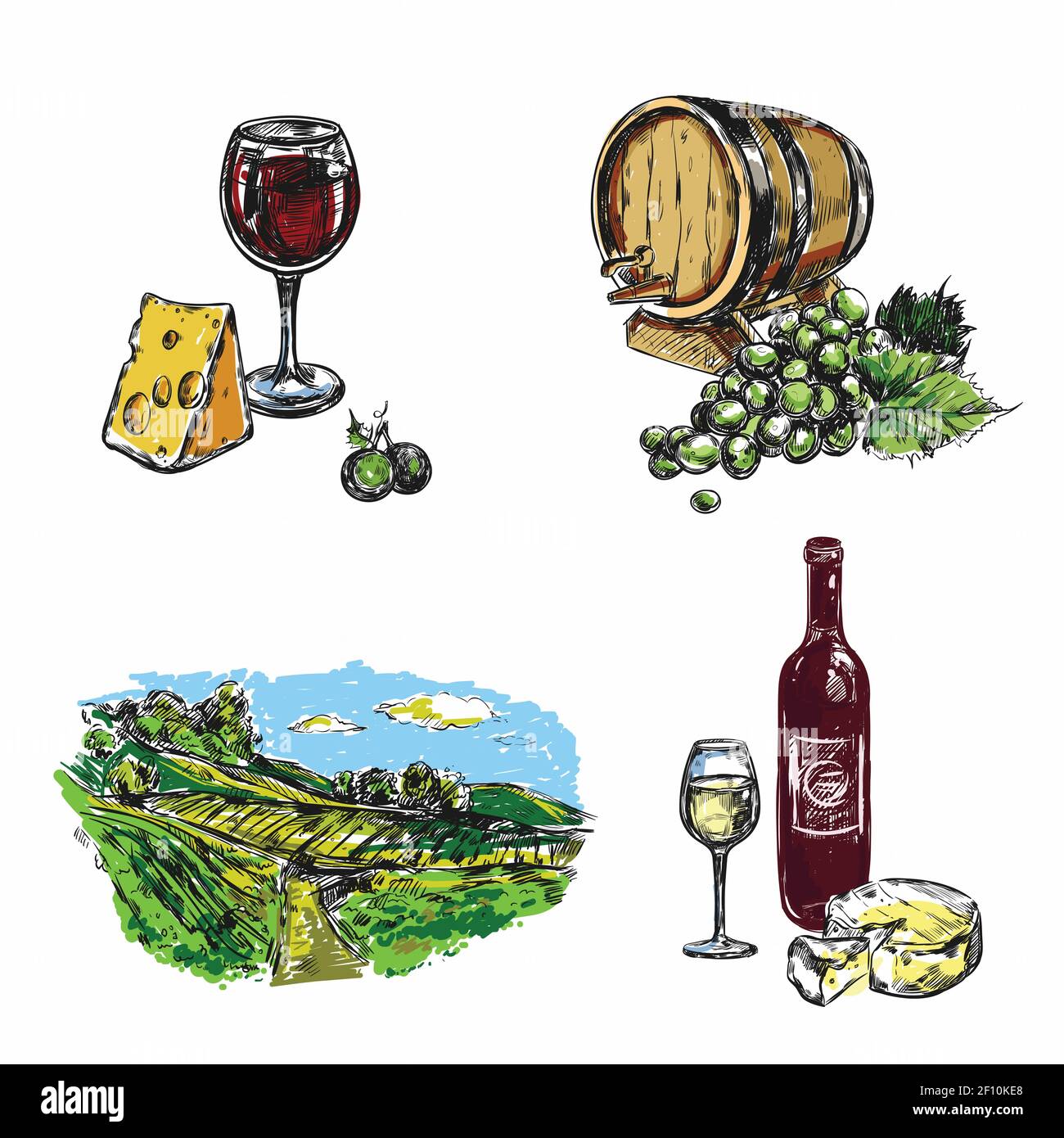 Colored isolated drawn wine vineyard icon set with glass of wine and ...