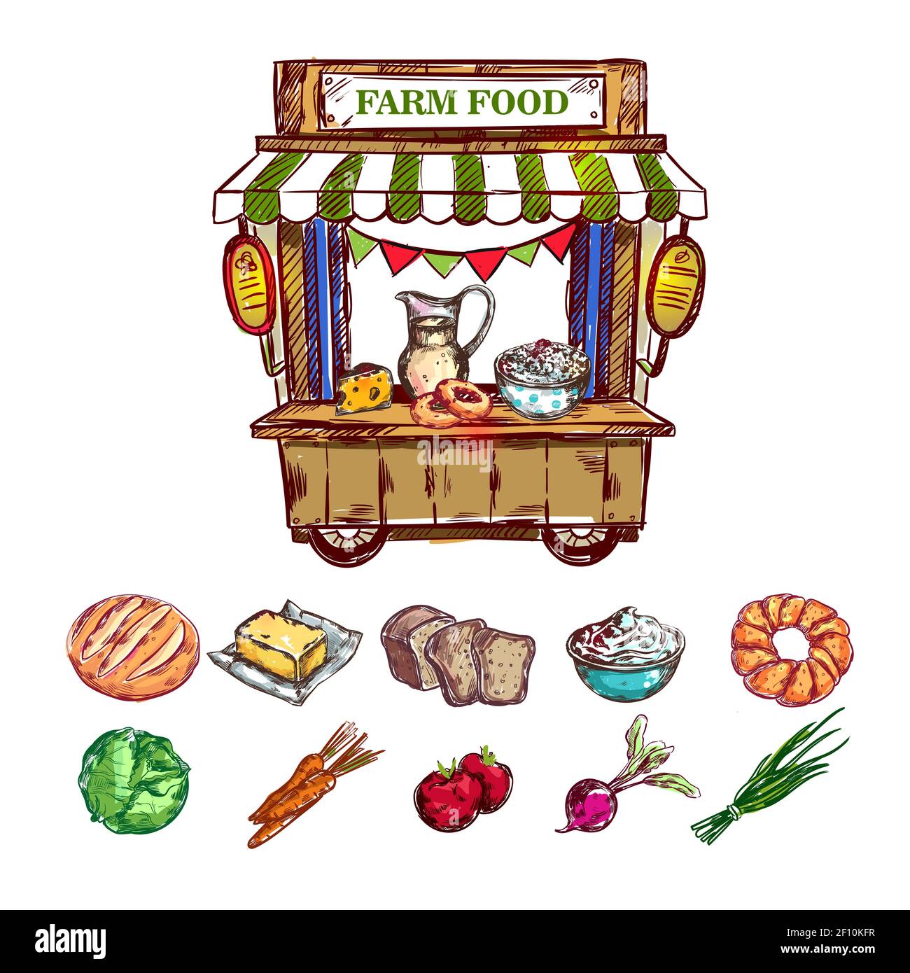 Farm food outdoor shop composition with mini shop and isolated colored ...