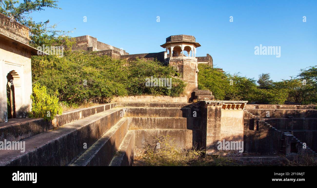 Detail of upper part of Taragarh fort in Bundi town, typical medieval ...