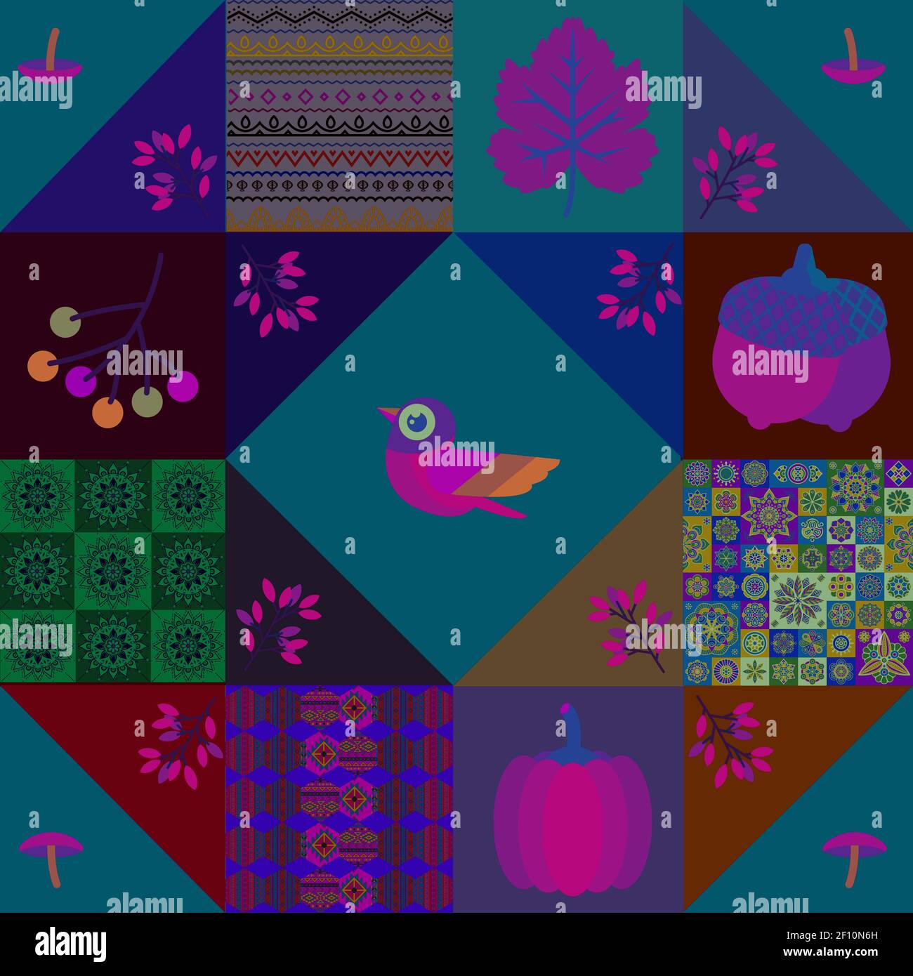 Graphic patchwork with elements from the nature of animals and plants ...