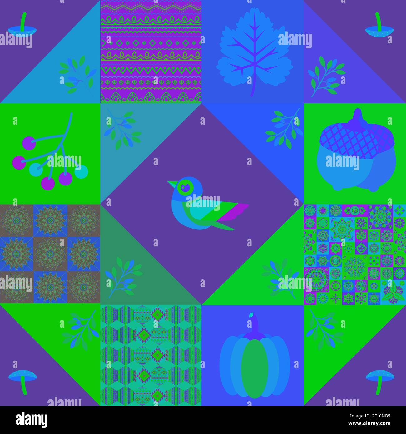 Graphic patchwork with elements from the nature of animals and plants ...