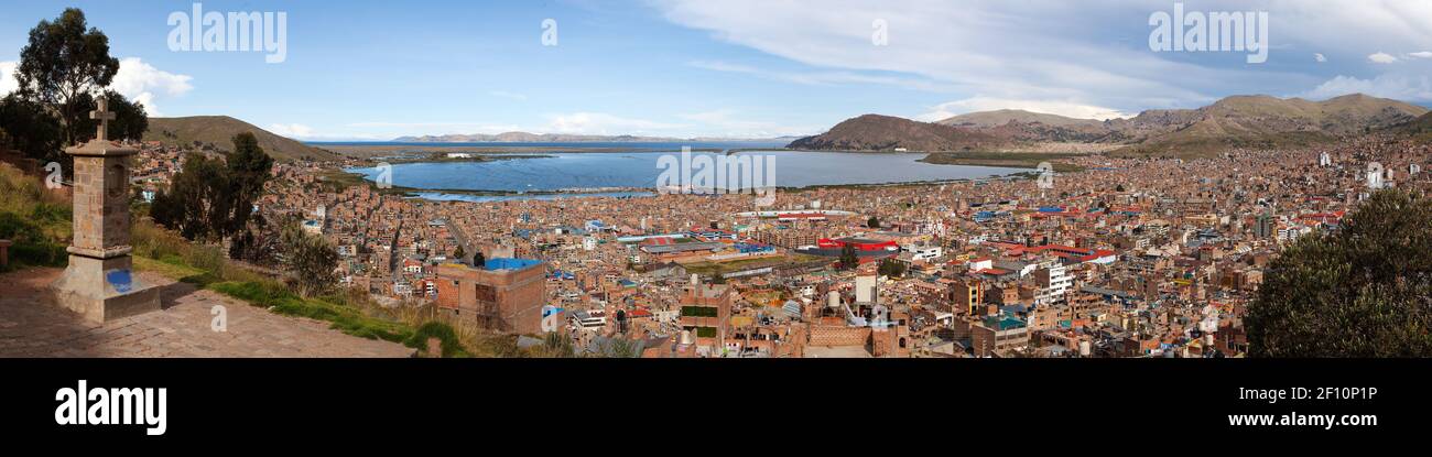 Puno city and Titicaca lake panoramic cityscape view from Altiplano ...