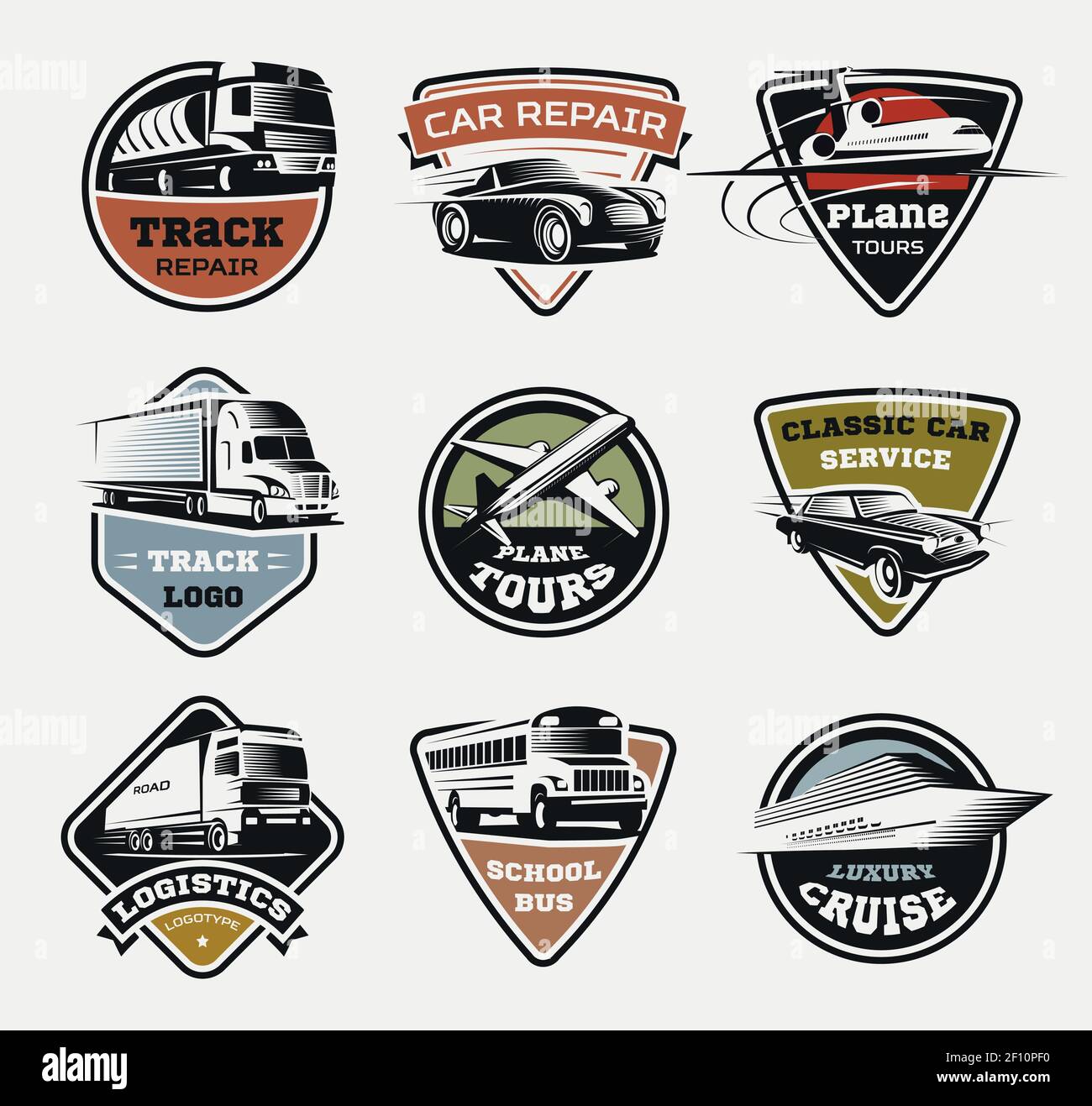 Colorful flat isolated retro style emblems set for various transport ...