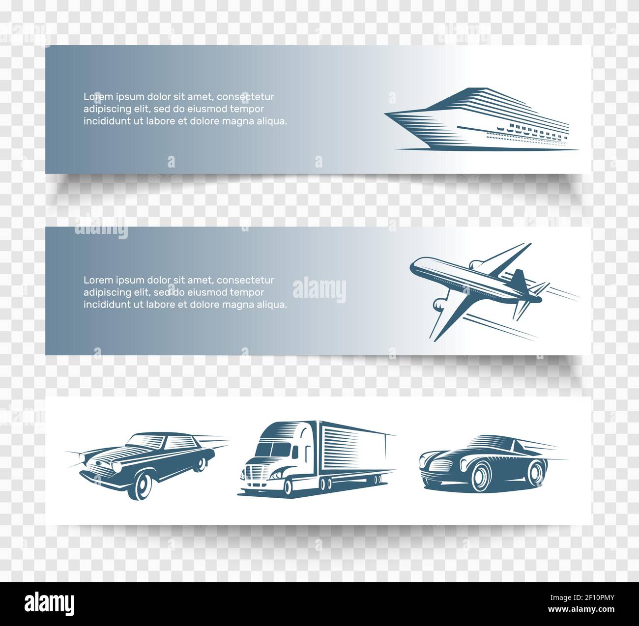 Flat isolated horizontal banners set with different transport symbols ...
