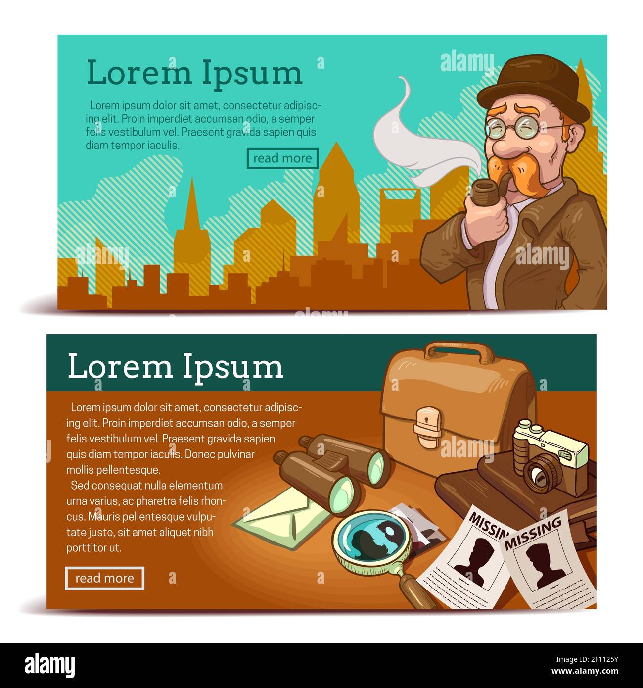 Detective agency horizontal banners with private eye on city background ...