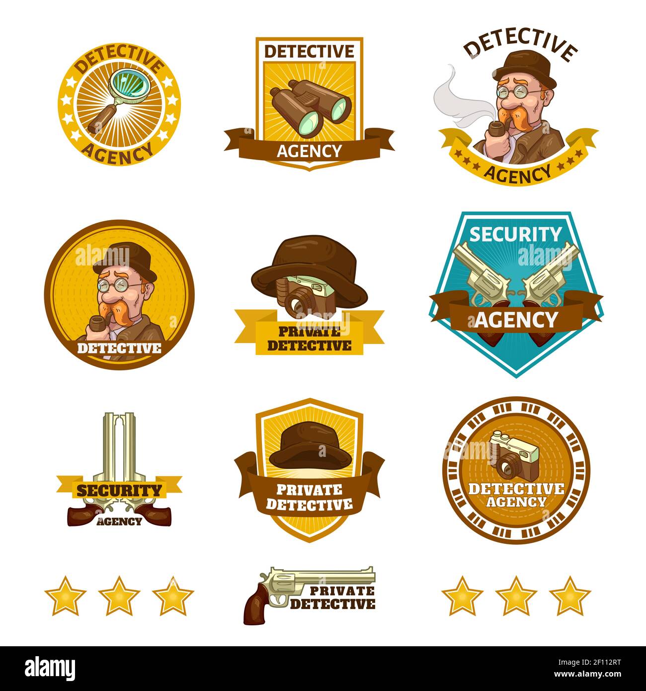 Detective agency emblems with private eye camera and binoculars gun and ...