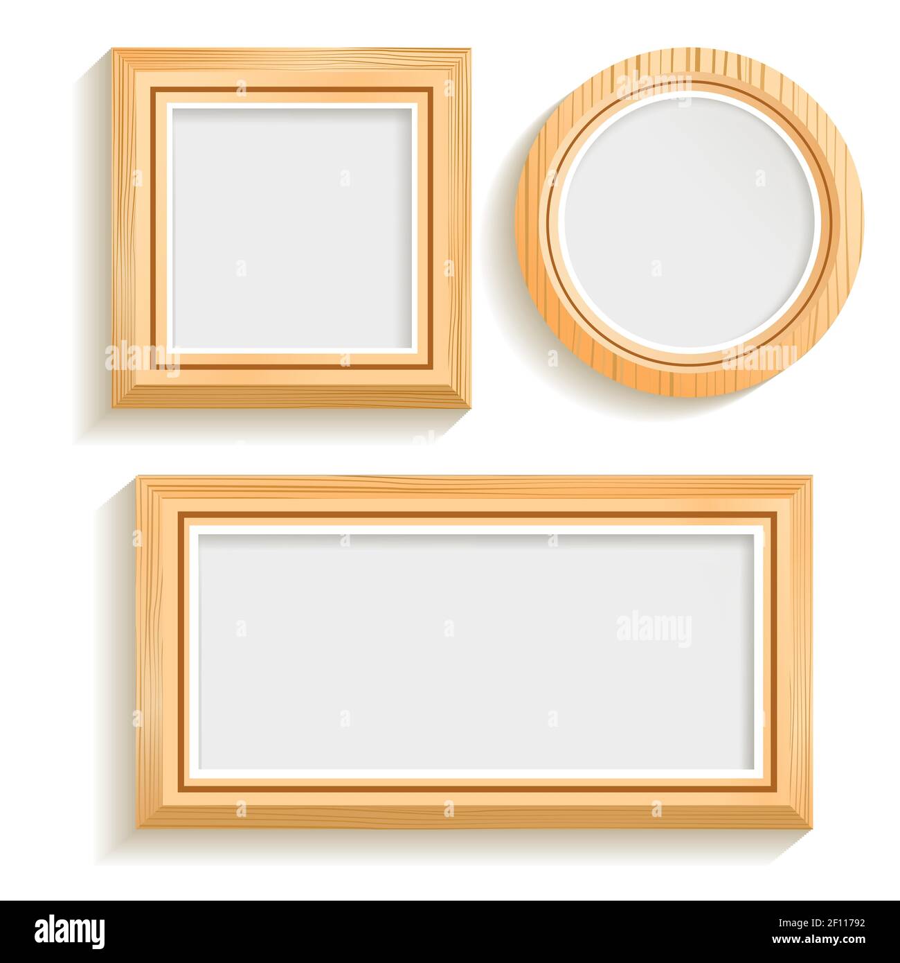 Set of round square and rectangular isolated wooden frames with shadows ...