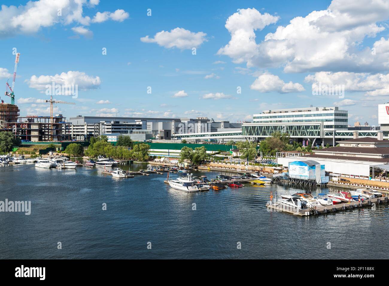 Moscow, Russia - July 09.2016. Pleasure boats at pier of the yacht club ...