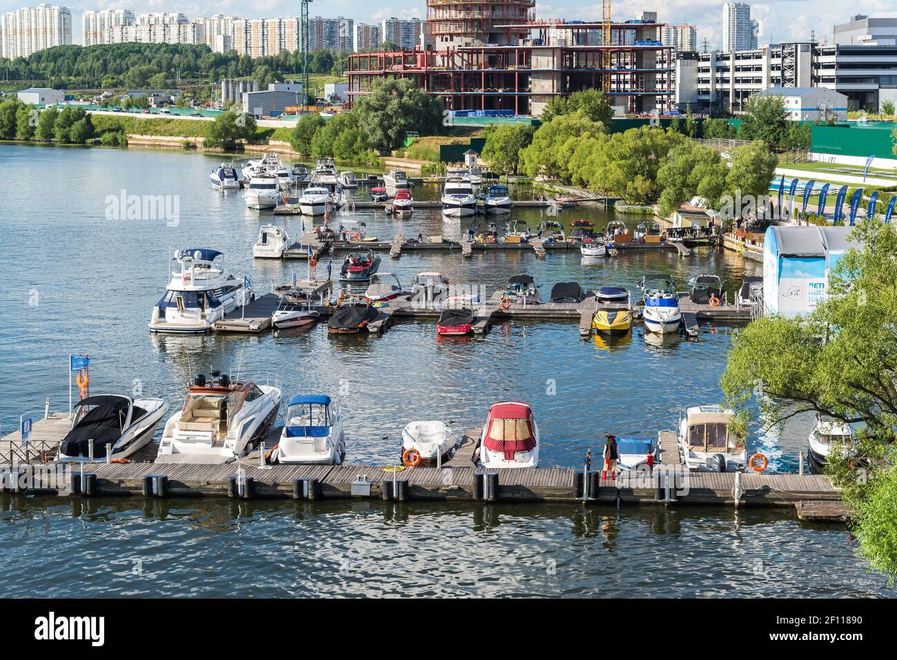 Moscow, Russia - Pleasure boats at the pier of the yacht club Shore ...