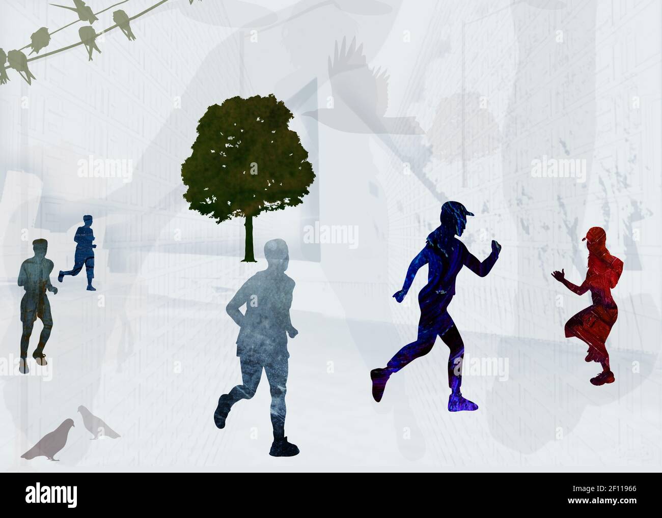 Graphic work using silhouettes, showing the different urban populations ...