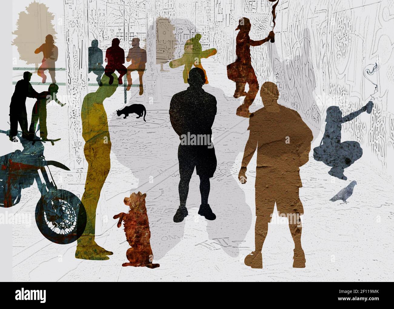 Graphic work using silhouettes, showing the different urban populations ...