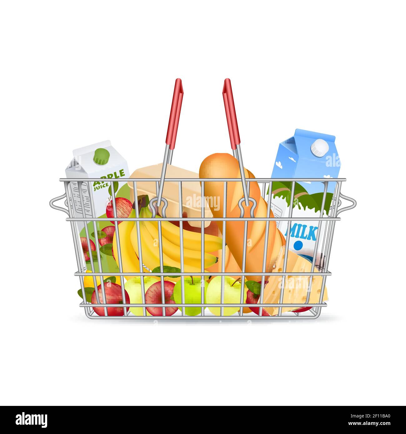 Isolated realistic image of metallic supermarket basket full of items ...