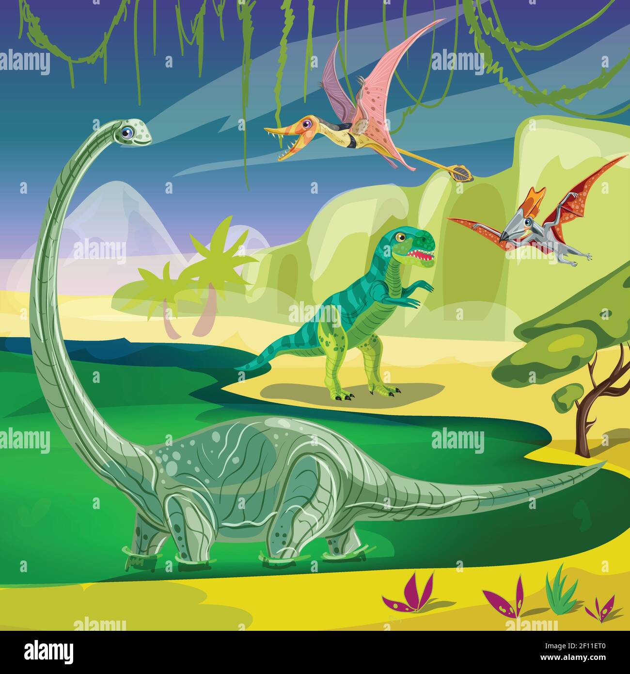 Animals jurassic composition with flying pterodactyl tyrannosaurus at ...