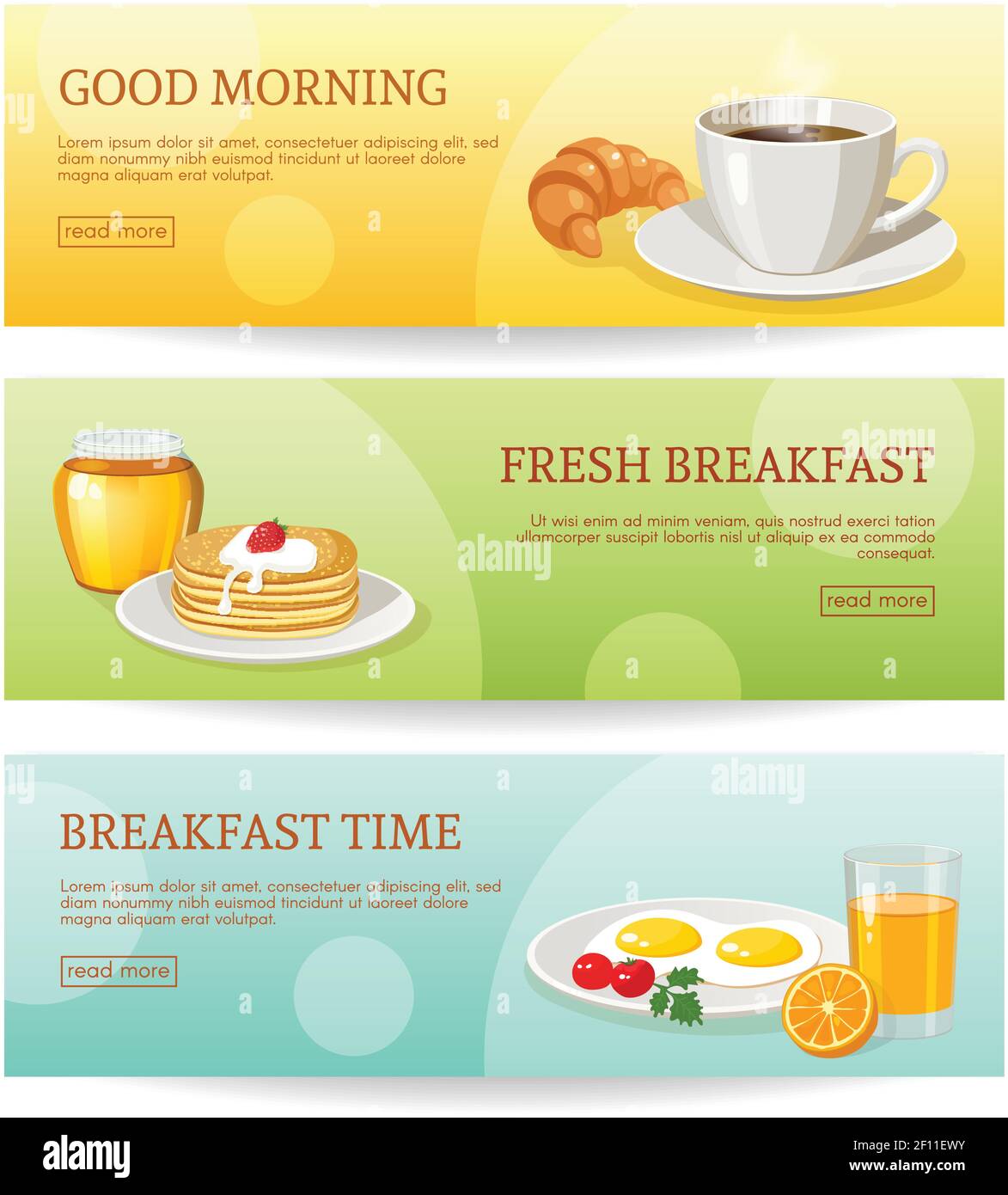 Three horizontal banners set with breakfast symbols cups with different ...