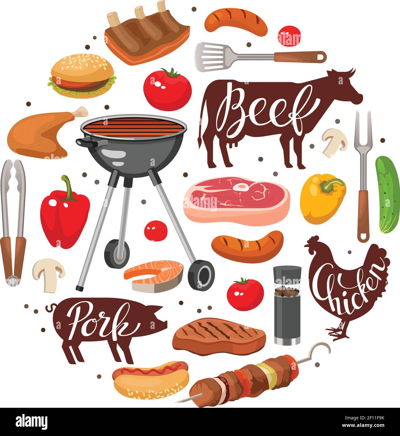 Round composition with isolated drawn barbecue elements food meat ...