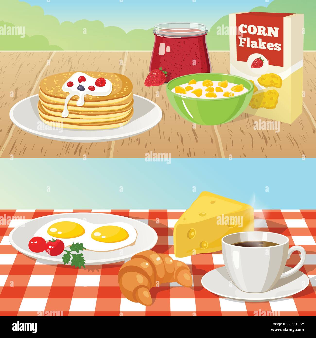 Two horizontal conceptual compositions with different breakfast food ...