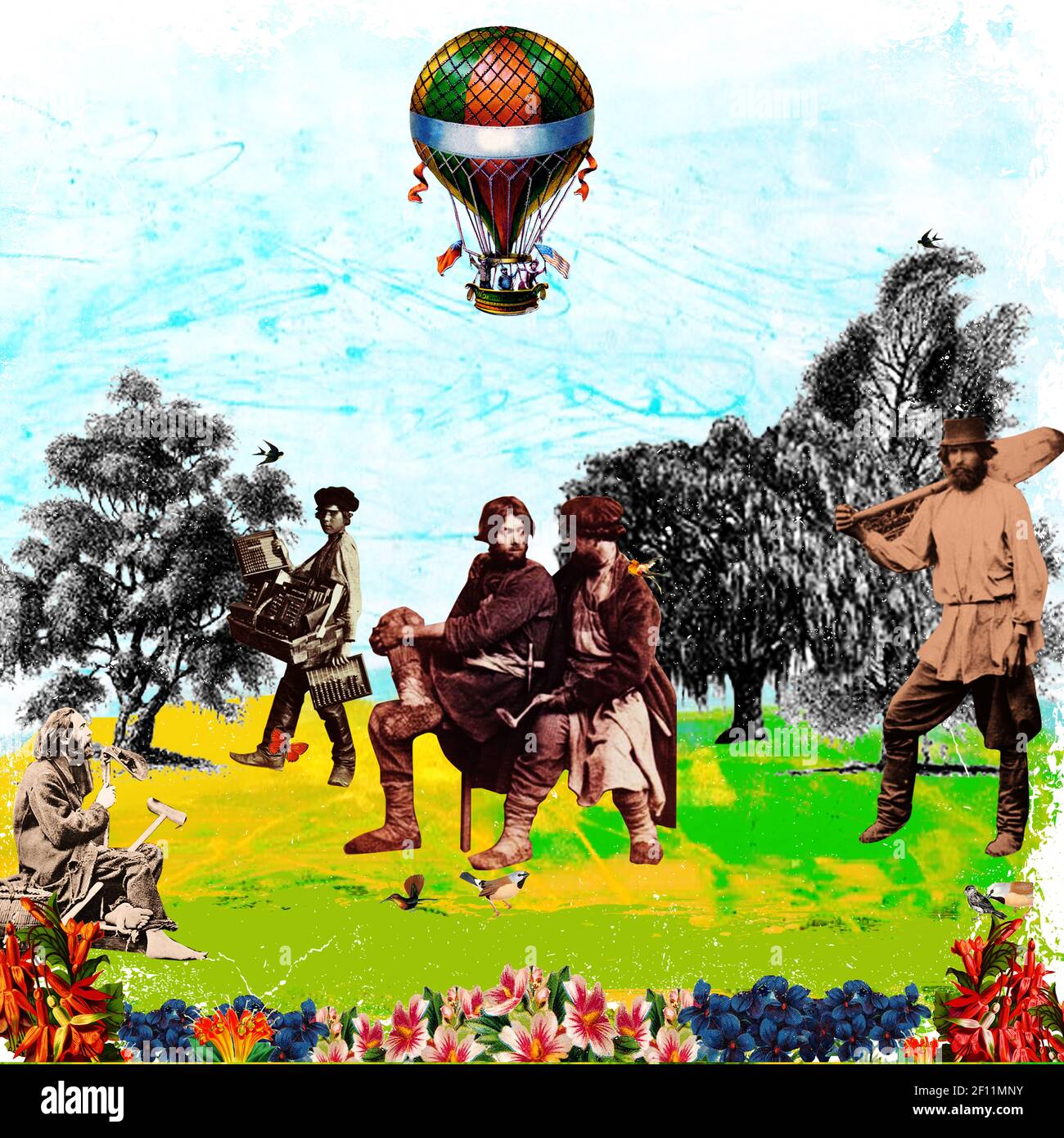 Graphic work of a collage on various issues of life Stock Photo - Alamy