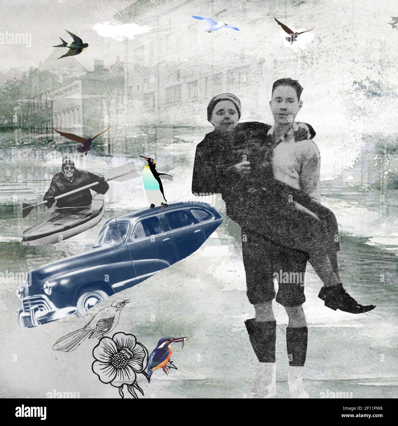 Graphic work of a collage on various issues of life Stock Photo - Alamy